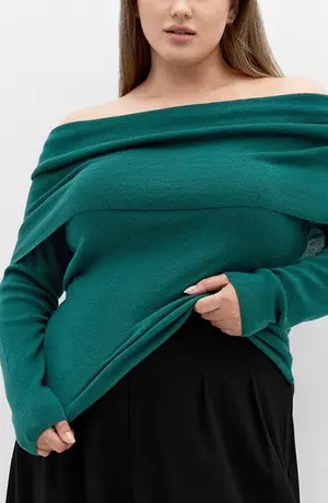 City Chic Florence Foldover Off-the-shoulder Sweater - Jade