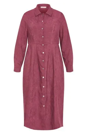 City Chic Leah Long Sleeve Corduroy Midi Dress - Beet Red