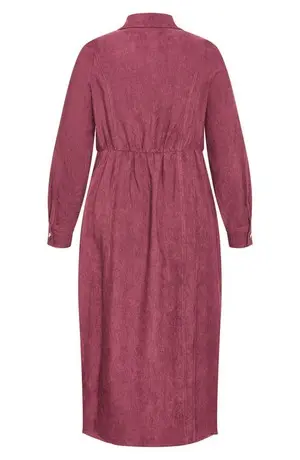 City Chic Leah Long Sleeve Corduroy Midi Dress - Beet Red