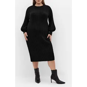City Chic Sarah Long Sleeve Rib Sweater Midi Dress - Black