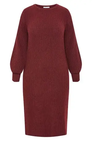City Chic Sarah Long Sleeve Rib Sweater Midi Dress