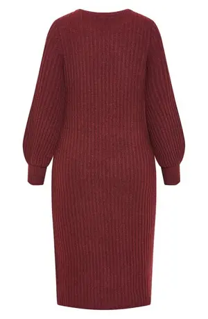 City Chic Sarah Long Sleeve Rib Sweater Midi Dress