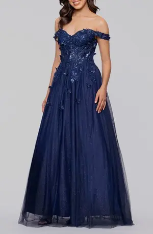 BLONDIE NITES Off-the-shoulder Sequin And 3d Embellished Tulle Gown