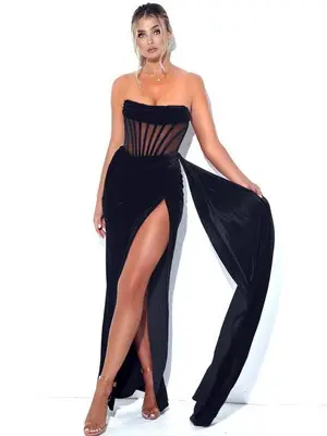 MISS CIRCLE NEW YORK Priya Draping Corset High Slit Velvet Gown - Black