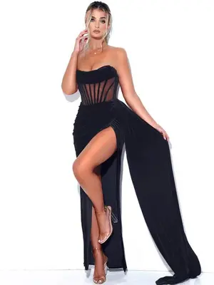 MISS CIRCLE NEW YORK Priya Draping Corset High Slit Velvet Gown - Black