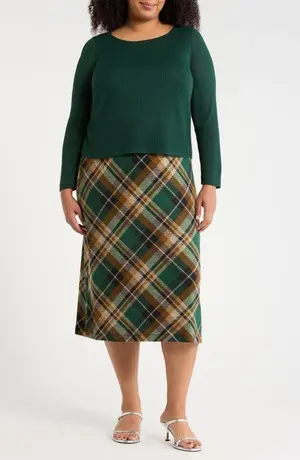 CONNECTED APPAREL Mixed Media Long Sleeve Midi Dress - Hunter