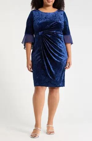 CONNECTED APPAREL Crushed Velvet Ruched Cocktail Dress - Navy