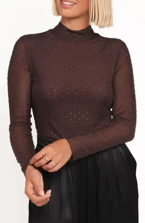 PETAL & PUP Alejandra Embellished Mesh Top - Dark Chocolate