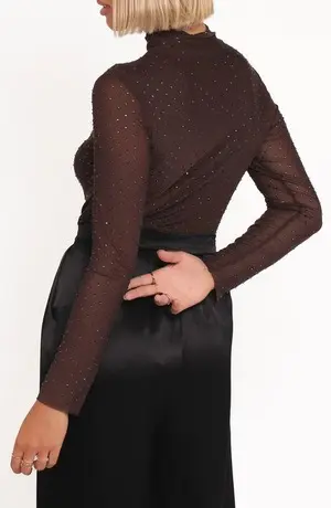 PETAL & PUP Alejandra Embellished Mesh Top - Dark Chocolate