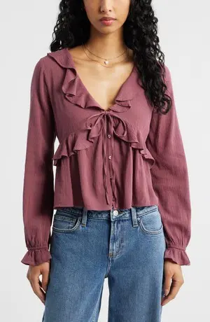Bp. Ruffle Tie-neck Button-up Shirt - Burgundy Shade