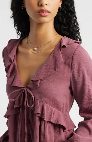 Bp. Ruffle Tie-neck Button-up Shirt - Burgundy Shade