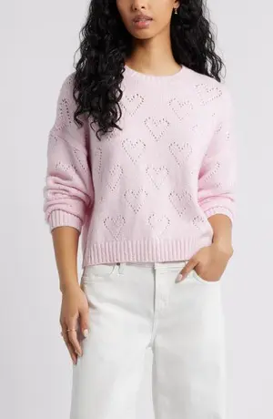 Bp. Pointelle Heart Cotton Blend Sweater - Pink Soda