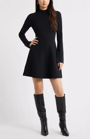 OPEN EDIT Mock Neck Long Sleeve Sweater Dress - Black