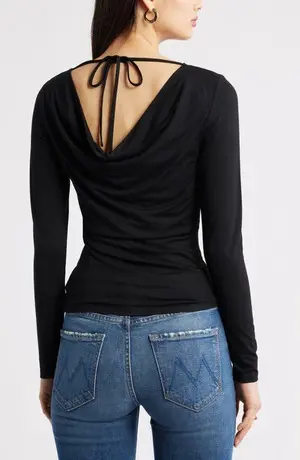 OPEN EDIT Cowl Back Long Sleeve Shirt - Black