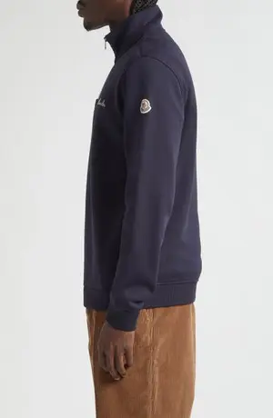 Moncler Embroidered Logo Patch Fleece Quarter Zip Sweatshirt - Navy Blue