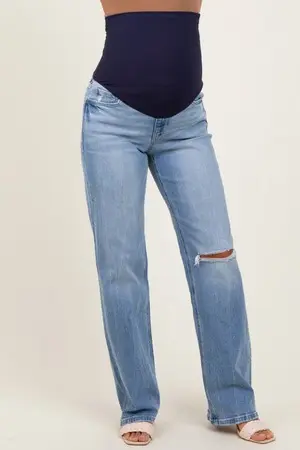 PINKBLUSH Distressed Knee Slim Fit Wide Leg Maternity Jeans - Light Blue