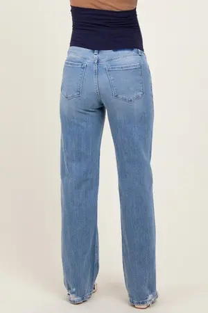 PINKBLUSH Distressed Knee Slim Fit Wide Leg Maternity Jeans - Light Blue