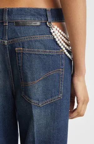 Stella McCartney Faux Pearl Embellished Straight Leg Jeans - Dark Blue