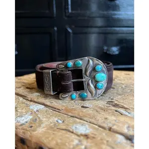 FORTELA Suede Leather Belt With Turquoise Buckle - Brown