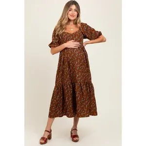 PINKBLUSH Floral Sweetheart Puff Sleeve Midi Dress - Mocha