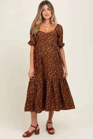 PINKBLUSH Floral Sweetheart Puff Sleeve Midi Dress