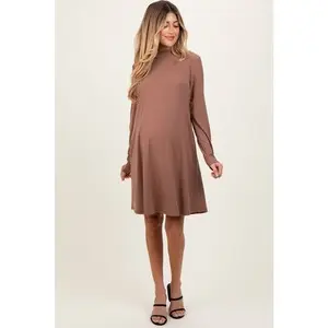 PINKBLUSH Ribbed Mock Neck Long Sleeve Dress - Mocha
