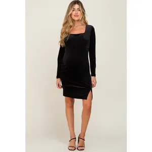 PINKBLUSH Velvet Long Sleeve Side Slit Dress - Black