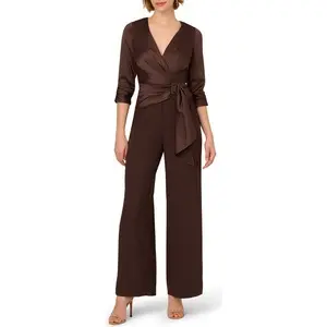 Adrianna Papell Belted Satin Jumpsuit - Dark Brown