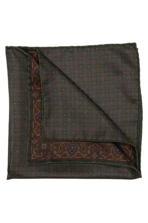 ELIZABETTA Lariodouble Sided Silk Pocket Square For - Green & Brown