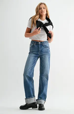 JEMINA DENIM Cuffed Wide Leg Jeans