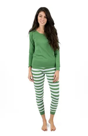 LEVERET Cotton Striped Matching Family Holiday Pajamas - Solid Green Top & Striped Pant