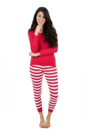 LEVERET Cotton Striped Matching Family Holiday Pajamas - Solid Red Top & Striped Pant