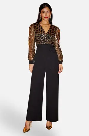 YUMI Sequin Wrap Over Jumpsuit - Black