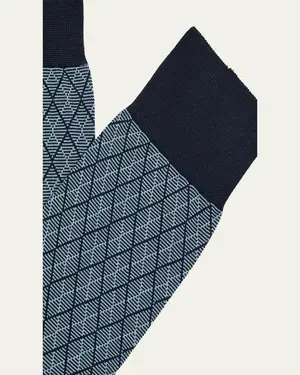 Pantherella Kingsley Diamond Check Jacquard Calf-length Socks - Navy