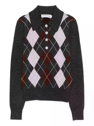 SELF-PORTRAIT Argyle Button Polo Top - Grey