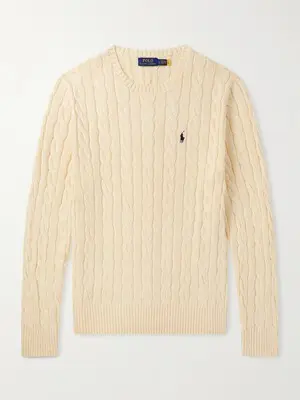 Polo Ralph Lauren Logo-Embroidered Cable-Knit Cotton Sweater Neutrals