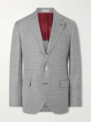 Brunello Cucinelli Houndstooth Wool, Linen And Silk-blend Blazer