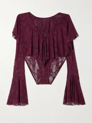 Norma Kamali Ruffled Stretch-lace Bodysuit
