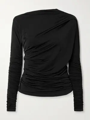 GANNI Asymmetric Draped Satin-jersey Top - Black