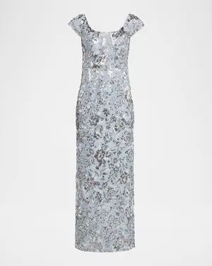 SACHIN BABI Metallic Floral Cloqué Column Gown - Pewter Gar