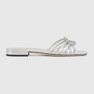 Gucci Crystal Interlocking G Leather Slides - Silver