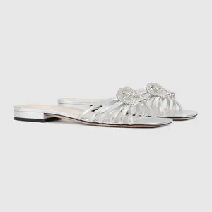 Gucci Crystal Interlocking G Leather Slides - Silver