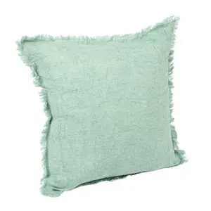 STORIED HOME Square Stonewashed Linen Pillow With Fringe - Blue