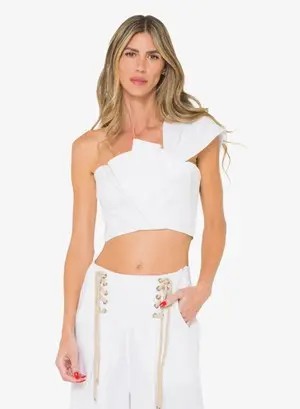 JBQ Asymmetric Linen Crop Top