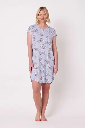 THE CAT'S PAJAMAS Striped Pima Knit Short-sleeved Sleep Shirt - Bengal Blue