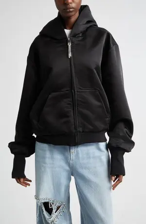 AREA Crystal Knot Satin Full Zip Hoodie
