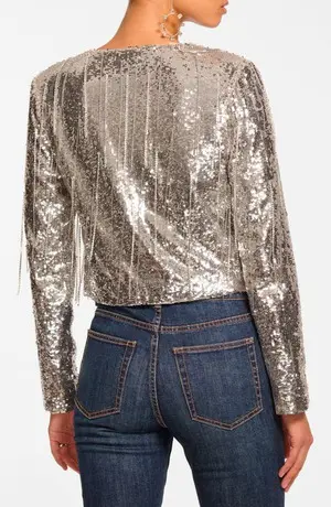 Ramy Brook Sapphire Sequin Fringe Crop Jacket