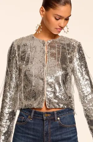 Ramy Brook Sapphire Sequin Fringe Crop Jacket
