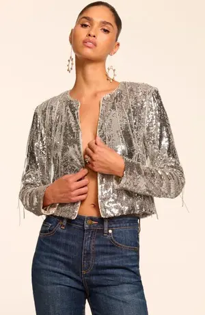Ramy Brook Sapphire Sequin Fringe Crop Jacket