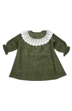 CUCLIE Lace Collar Corduroy Dress - Green